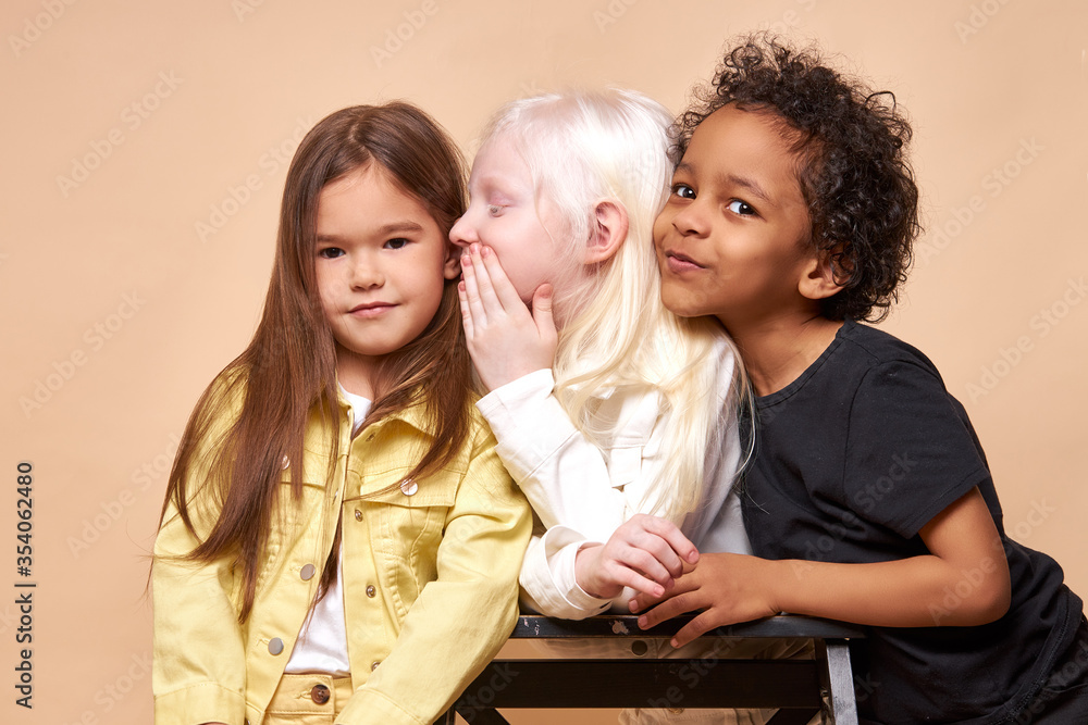 beautiful adorable kids have secret. diverse children tell secrets in ...