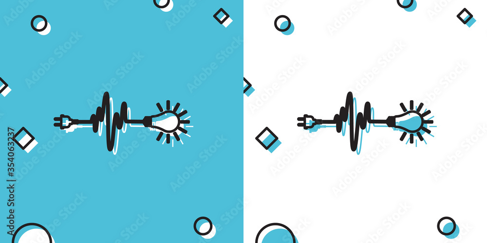 Black Wire plug and light bulb icon isolated on blue and white ...