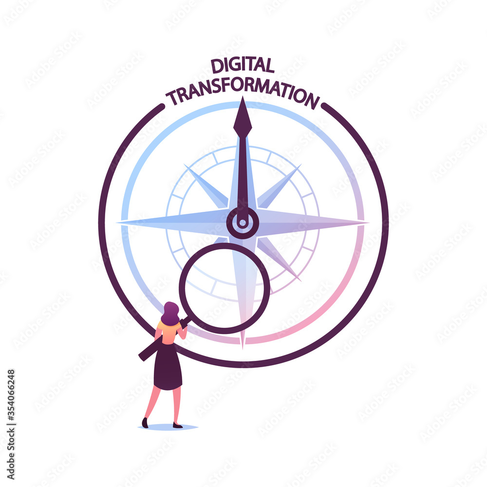 Tiny Female Character with Huge Magnifying Glass Look on Compass with ...