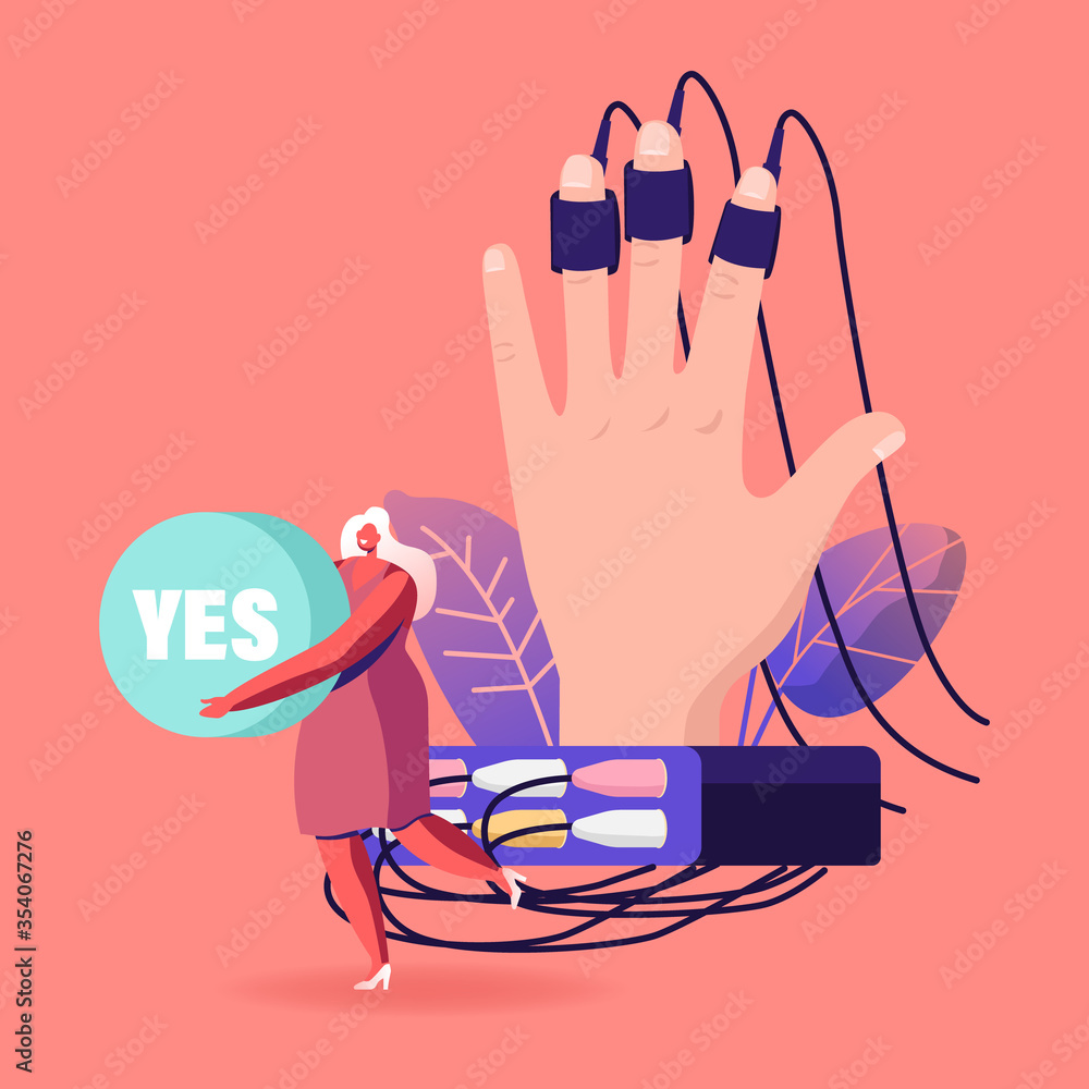 Tiny Female Character Holding Word Yes in Hands Stand at Huge Human ...