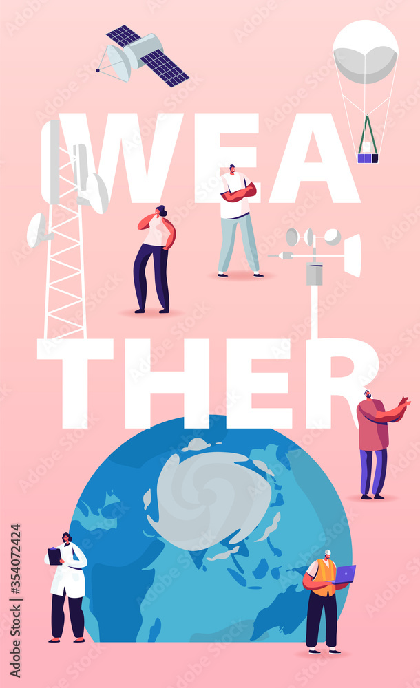 Meteorology Concept. Tiny Characters at Huge Earth Globe. Workers Set ...