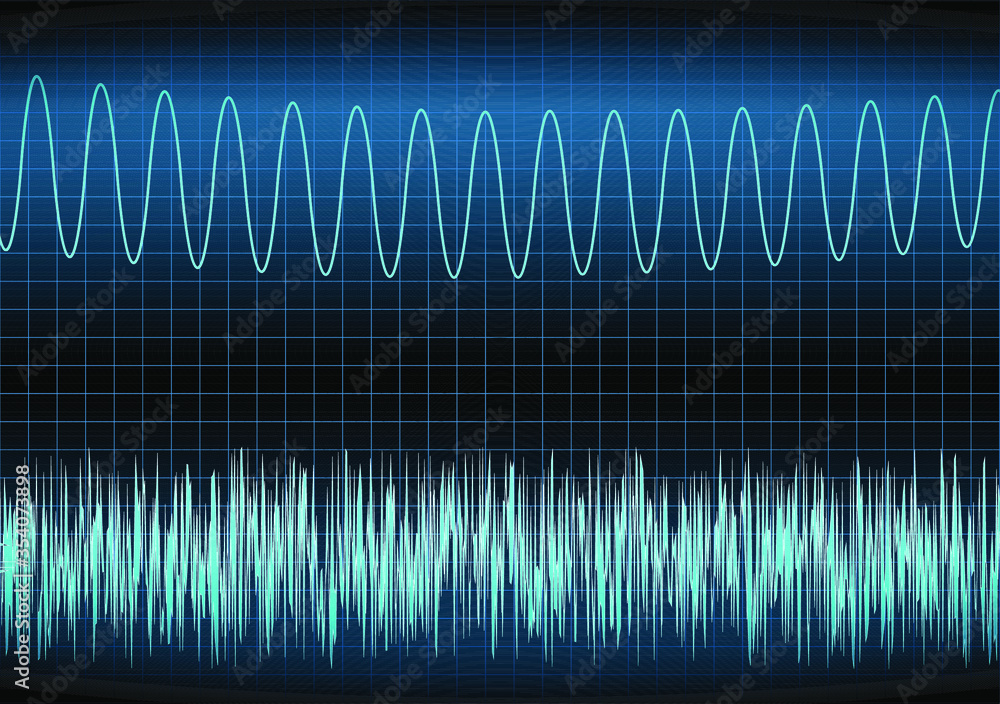 White noise and sine wave on the oscilloscope. The voltage waveform. A ...