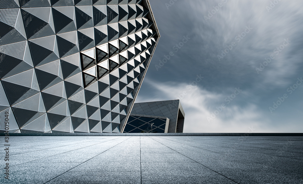 Poster Urban marble square with tall city and pyramid shape protruding ...