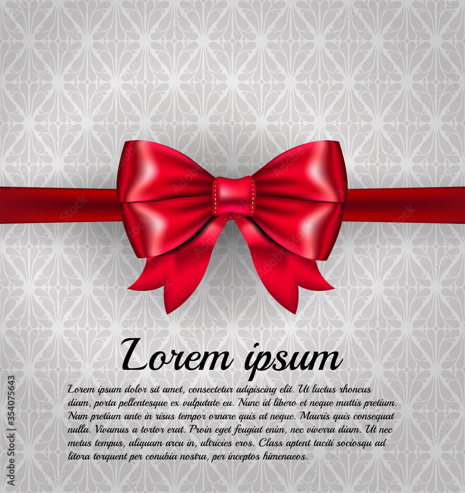 Big red ribbon bow on the rich classic white pattern background with ...