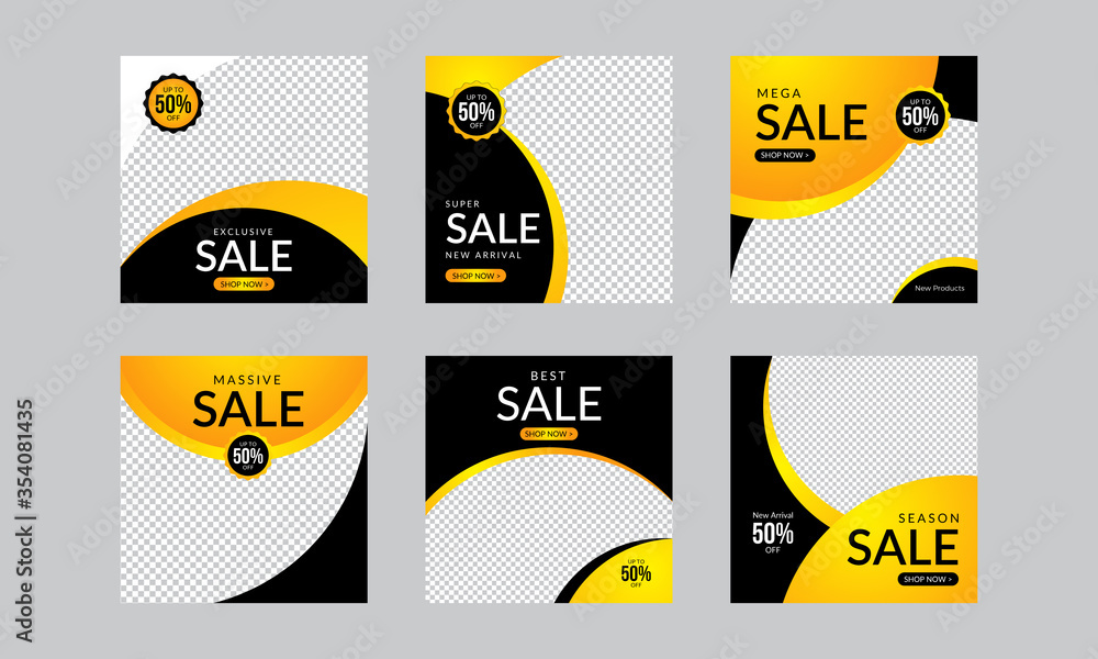 Set of editable square instagram banner template. Black and yellow ...
