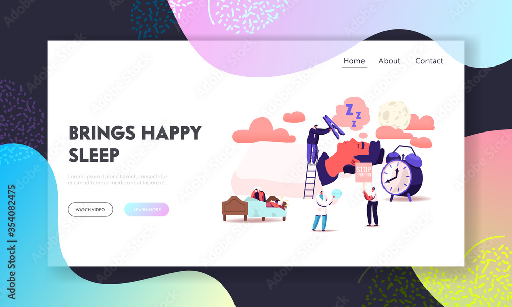 Snore Landing Page Template. Tiny Characters Sleeping in Bed and ...