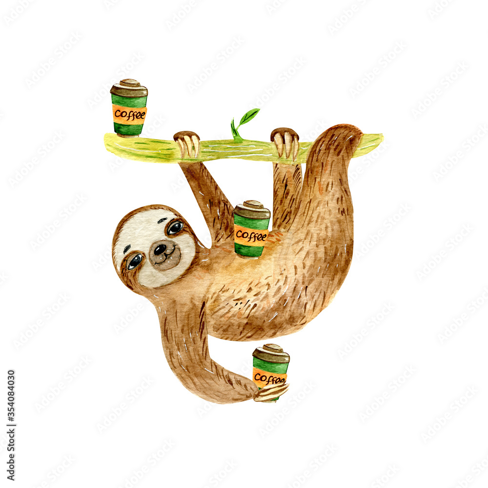 Сartoon animals sloth with coffee isolated painting. Watercolor ...