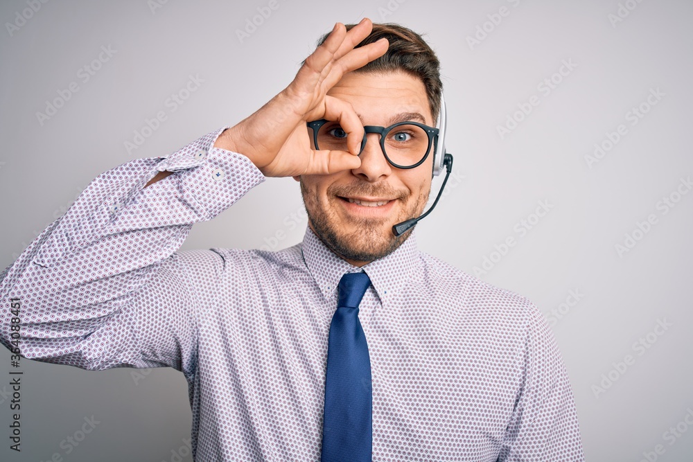 Young call center operator business man with blue eyes wearing glasses ...