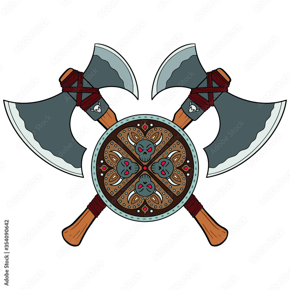 two crossed battle axes with battle shield. vector emblem isolated on ...