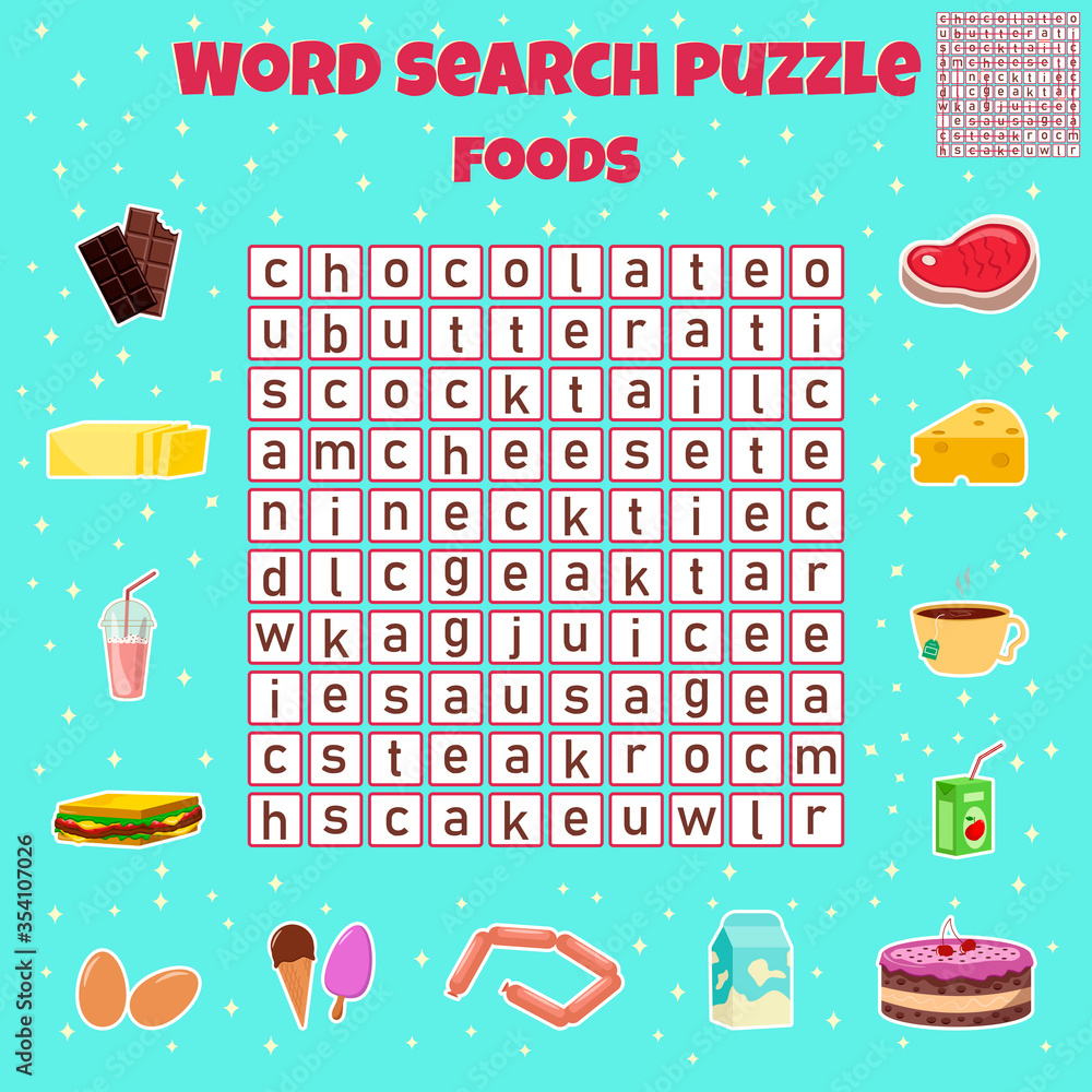 Word search puzzle. Crossword with foods. Vector education game for ...