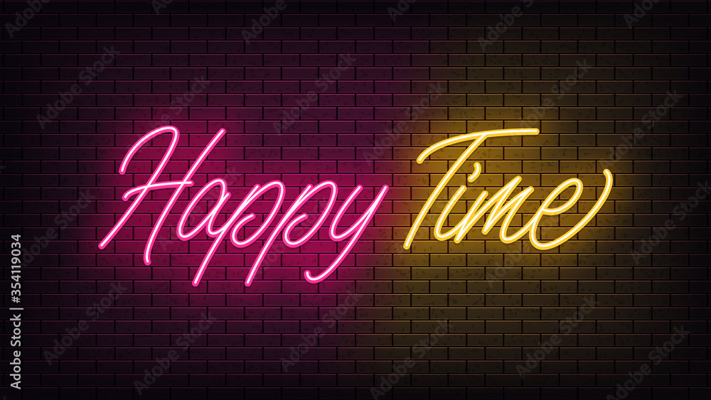 Neon Happy Time, lettering. Neon text of Happy Time on black brick ...