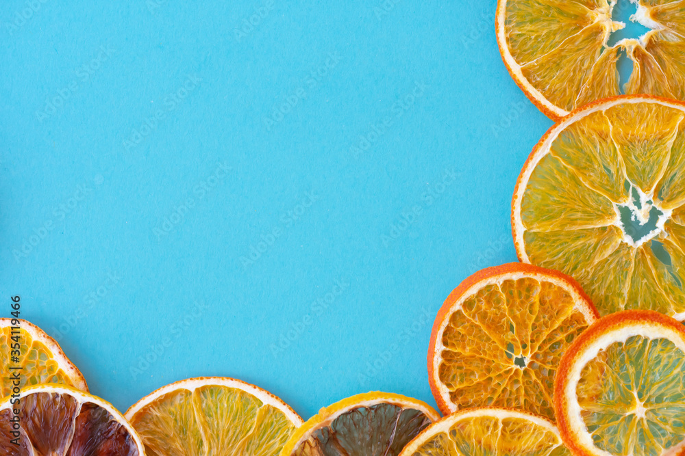 Corner frame made of dehydrated citruses as lemons, oranges and ...