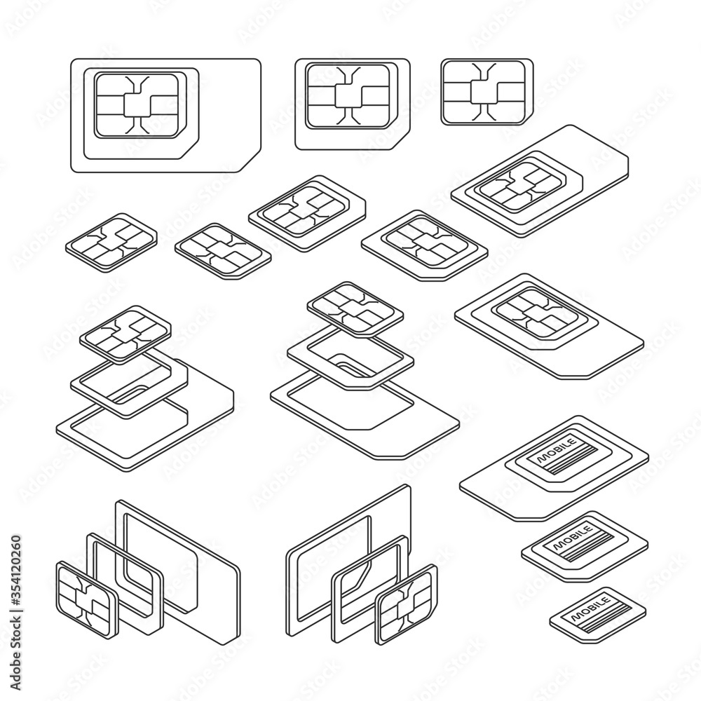 Three Types of SIM Card - Standard, Micro and Nano. Top and Isometric ...