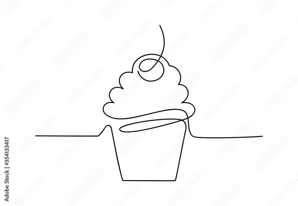 Continuous one line cupcake with cherry and cream. Hand drawing art ...