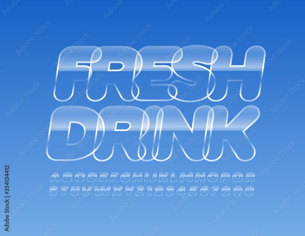 Vector glass sign Fresh Drink with Transparent Font. Iced Alphabet ...