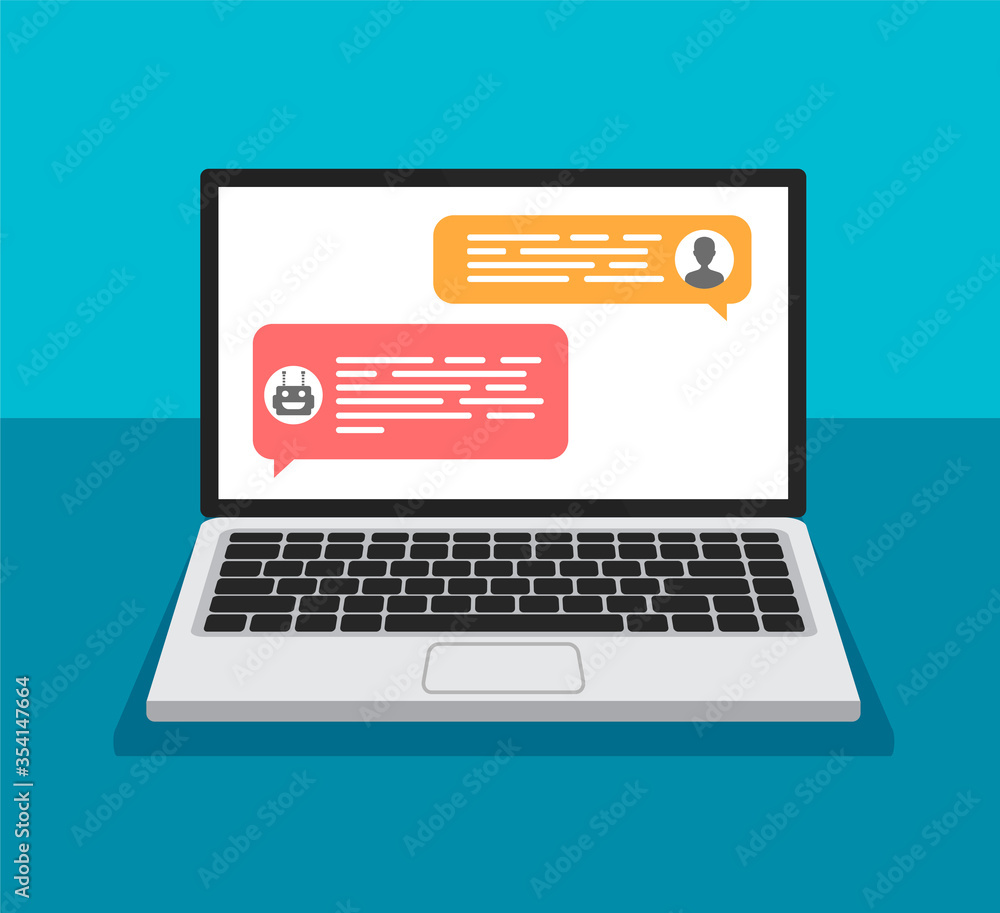 Chat bot concept. Open laptop with dialog boxes. Chatting between robot ...