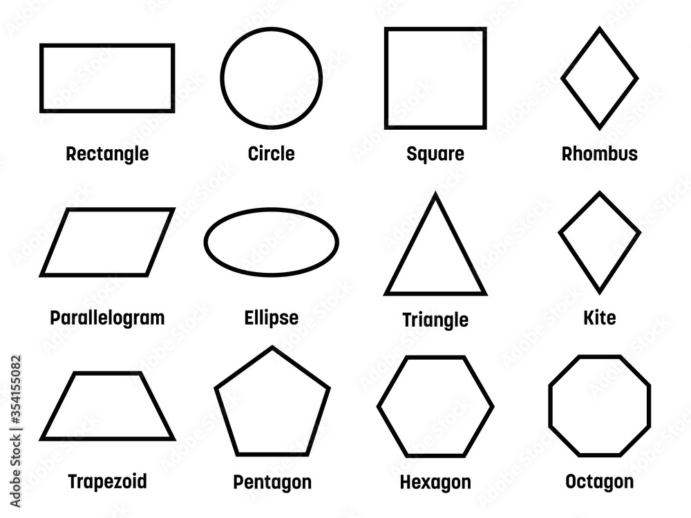 Geometric shapes with labels. Set of 12 basic shapes. Simple flat ...