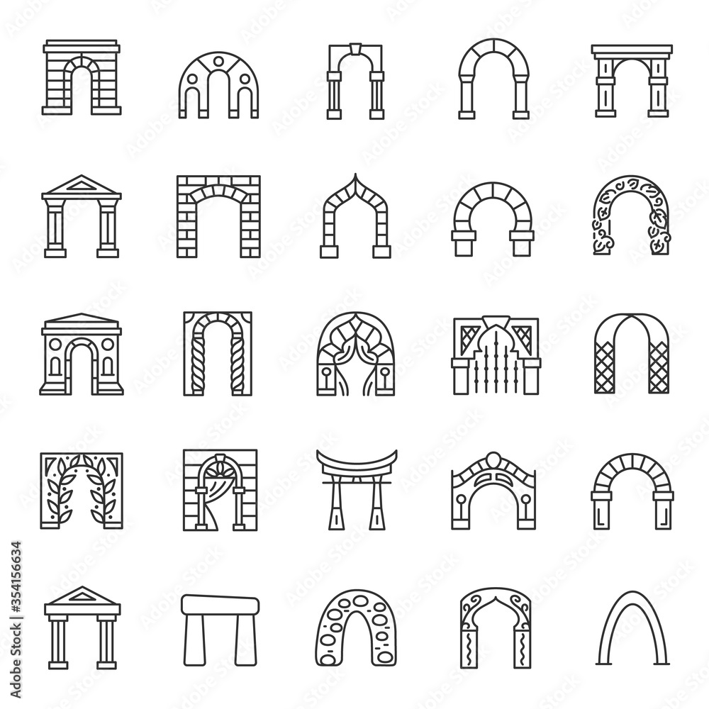 Arches, icon set. Arch architectural element from various materials ...