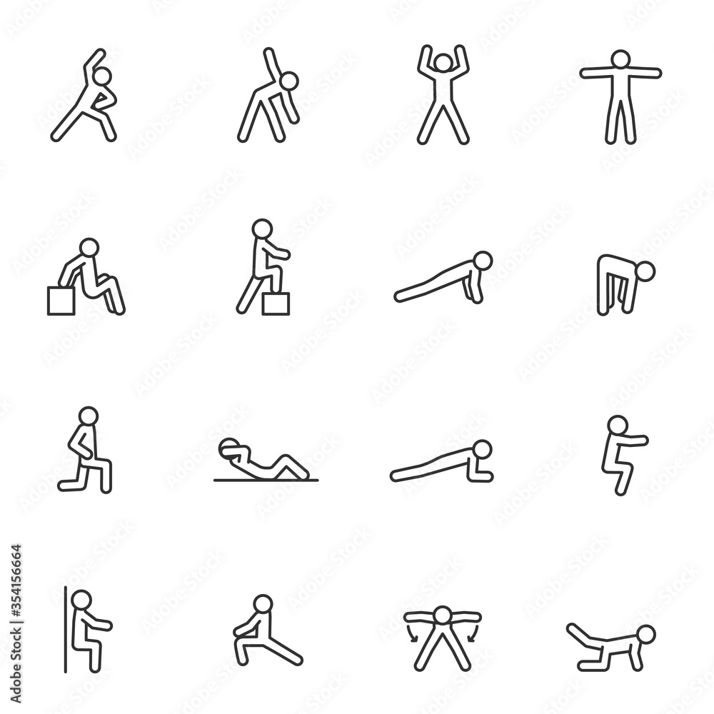 Exercise, charging, icon set. various physical exercises to warm up ...