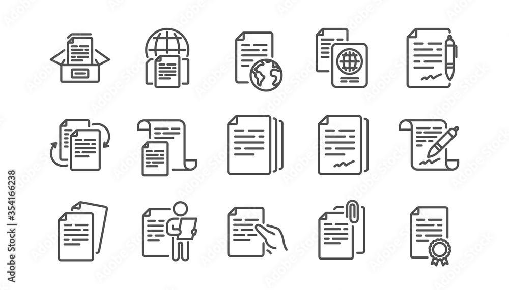 Documents line icons set. Copy files, Contract agreement, Passport. CV ... Documents line icons set. Copy files, Contract agreement, Passport. CV ...