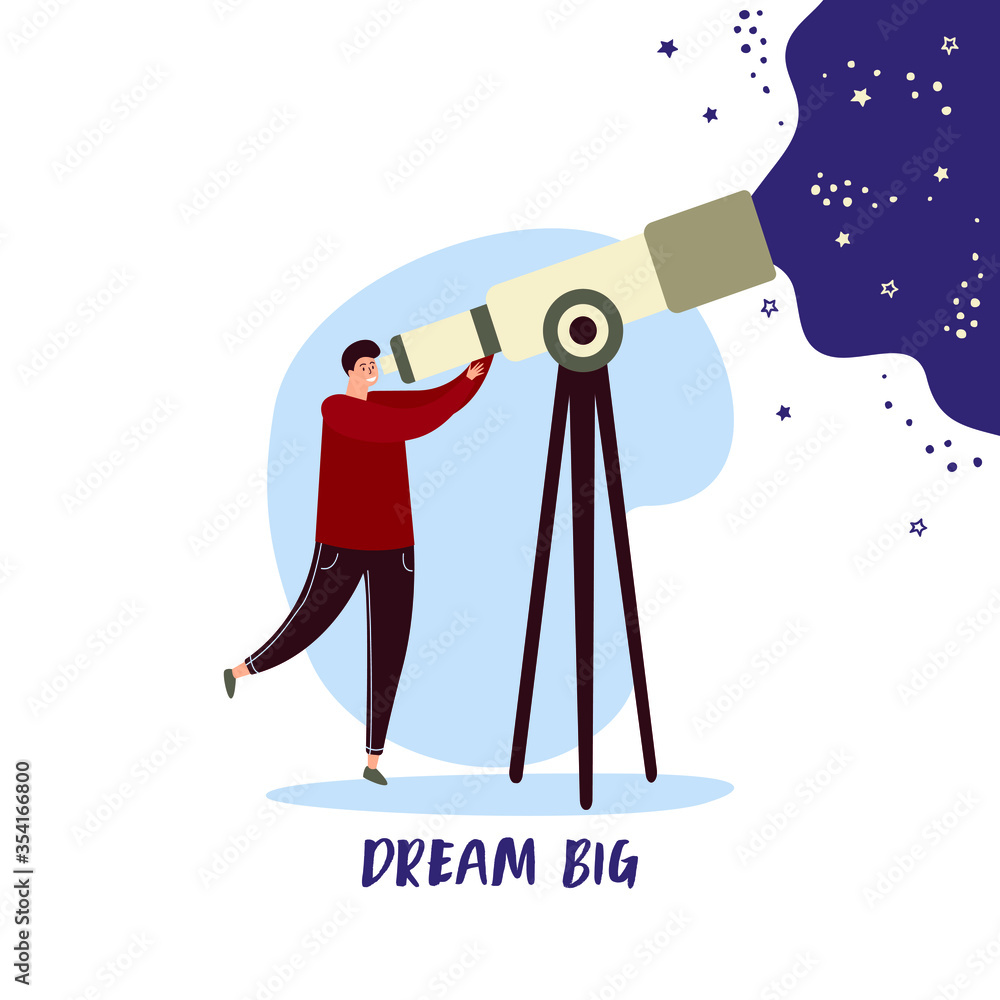 Flat vector cartoon illustration of a man looking through a telescope ...