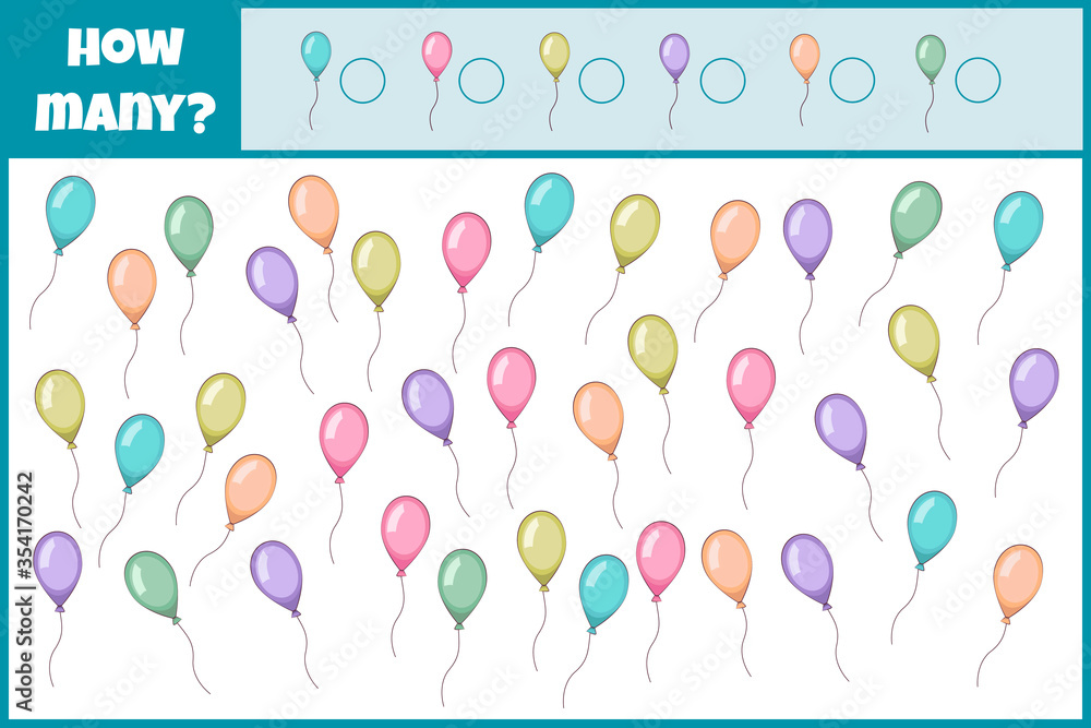 Educational mathematical game. Count the number of balloons. Count how ...
