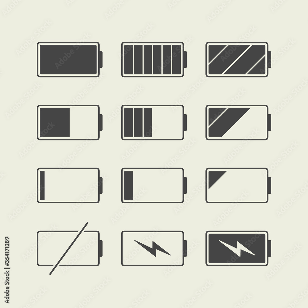 Black linear battery charge indicator icons in level, simple shape ...