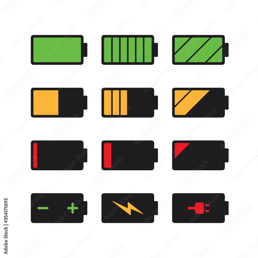 Black battery charge indicator icons in gauge level status, simple ...