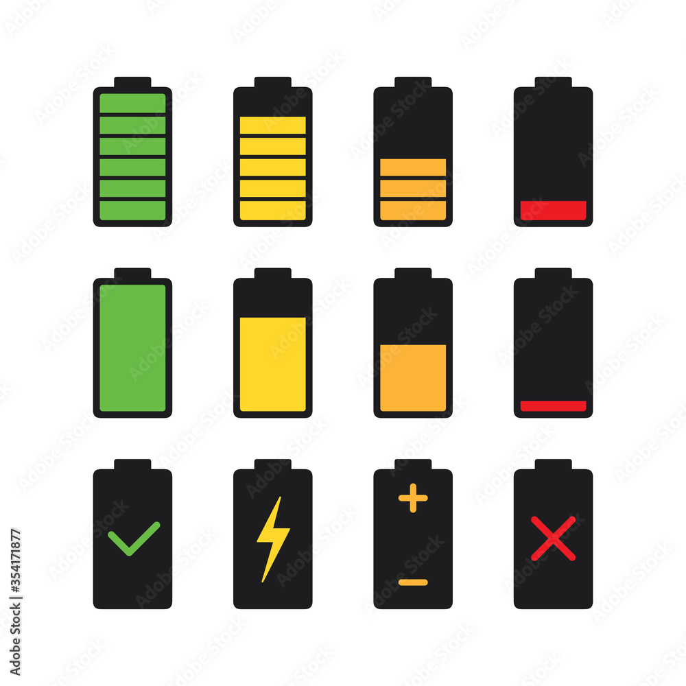 Black battery charge indicator icons in gauge level status, simple ...