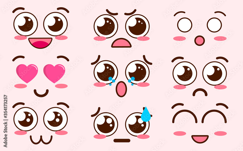 Collection of cute lovely kawaii emoticon emoji Doodle cartoon face ...