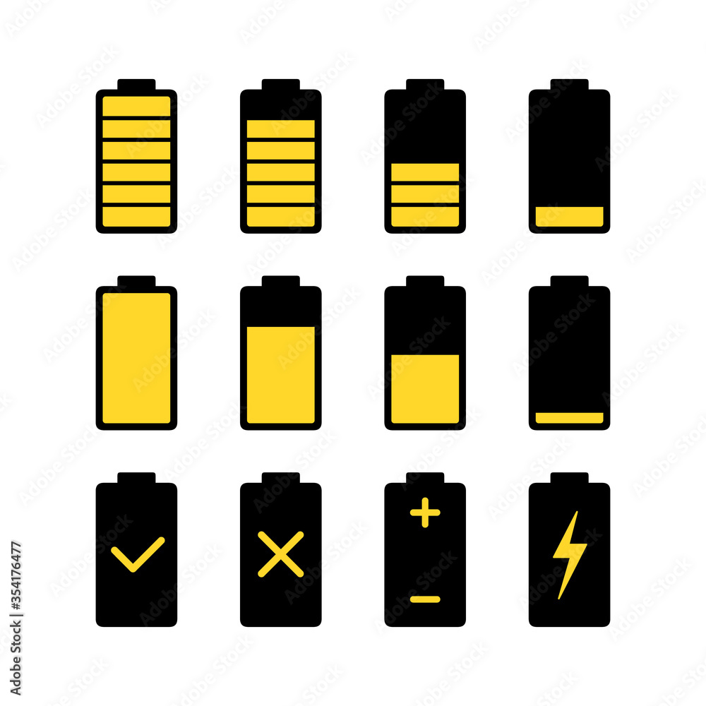Black battery charge indicator icons in level status, simple shape ...