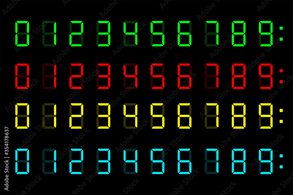 Digital clock numbers. Vector isolated colored elements. Set of digital ...