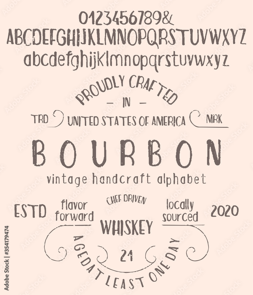 Vintage decorative font "whiskey" with sample design. Good handcrafted ...