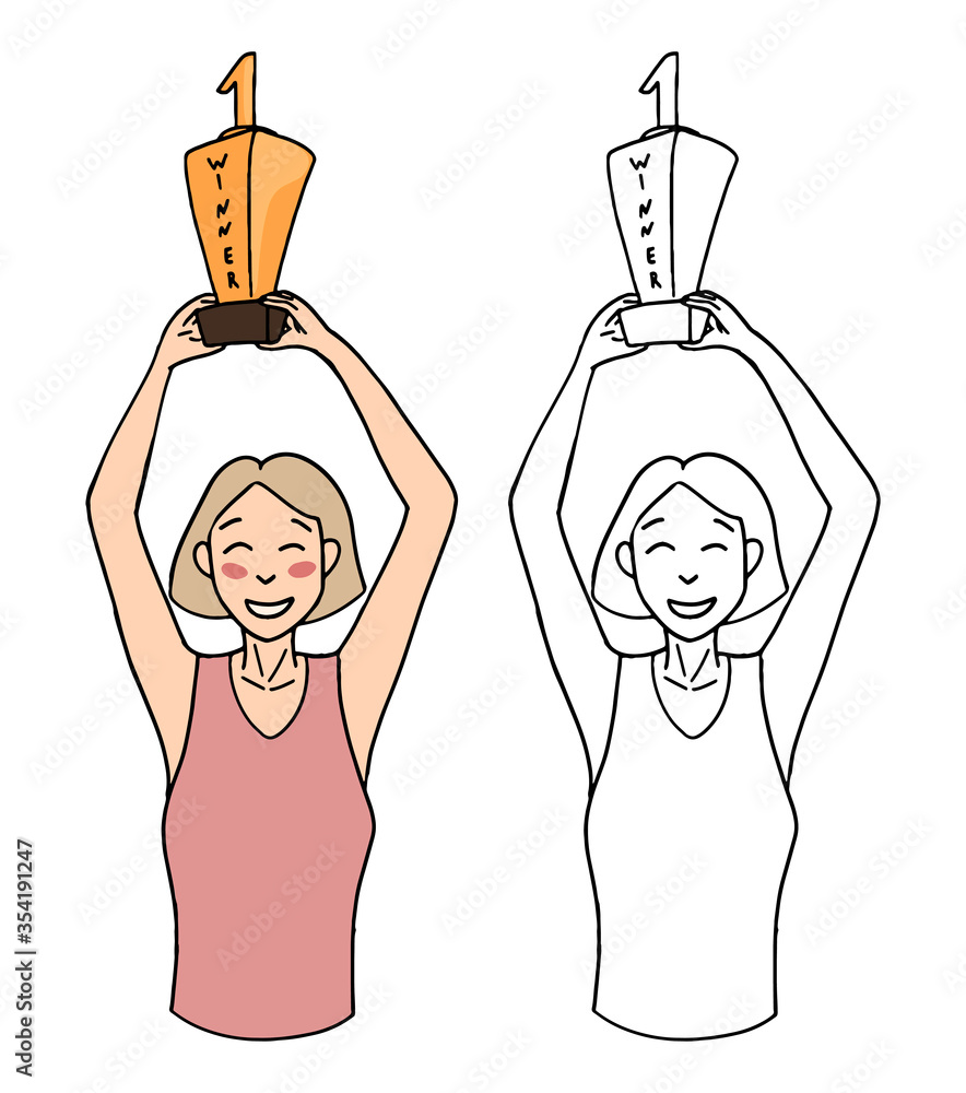 Set of hand drawn vector illustration. Happy joyful girl with a winner ...