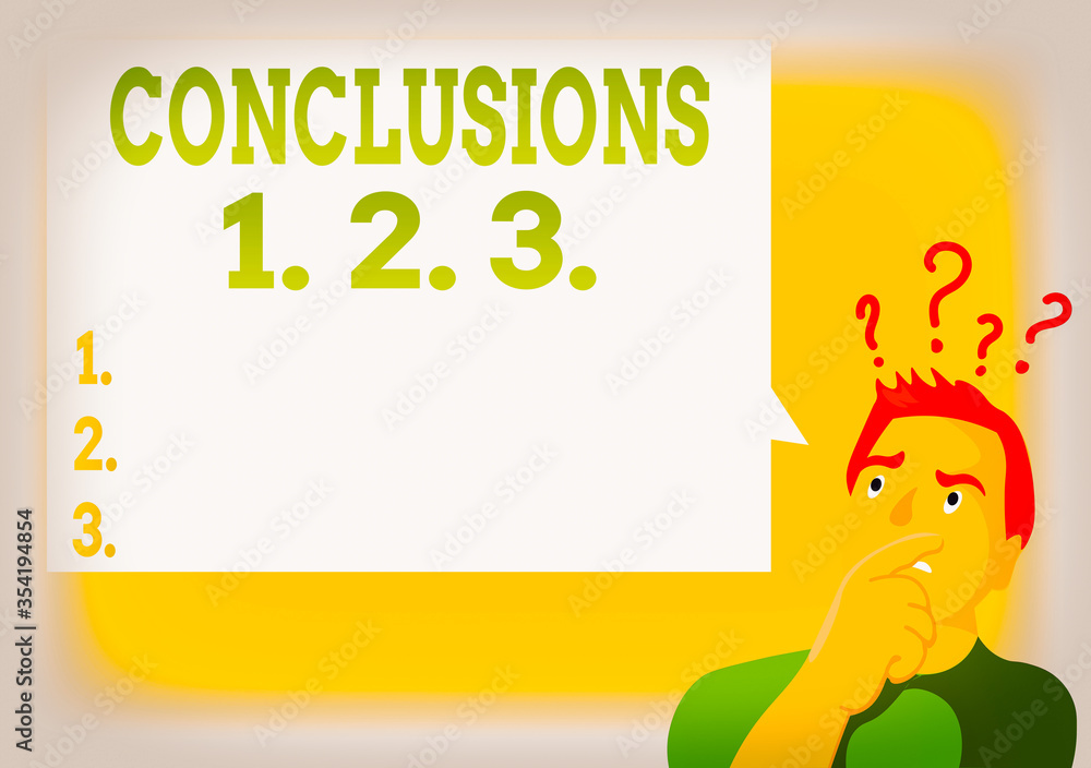 Writing note showing Conclusions 1. 2. 3.. Business concept for Lists ...