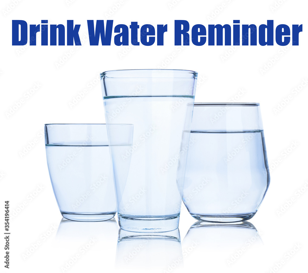 Glasses and text DRINK WATER REMINDER on white background Stock Photo ...