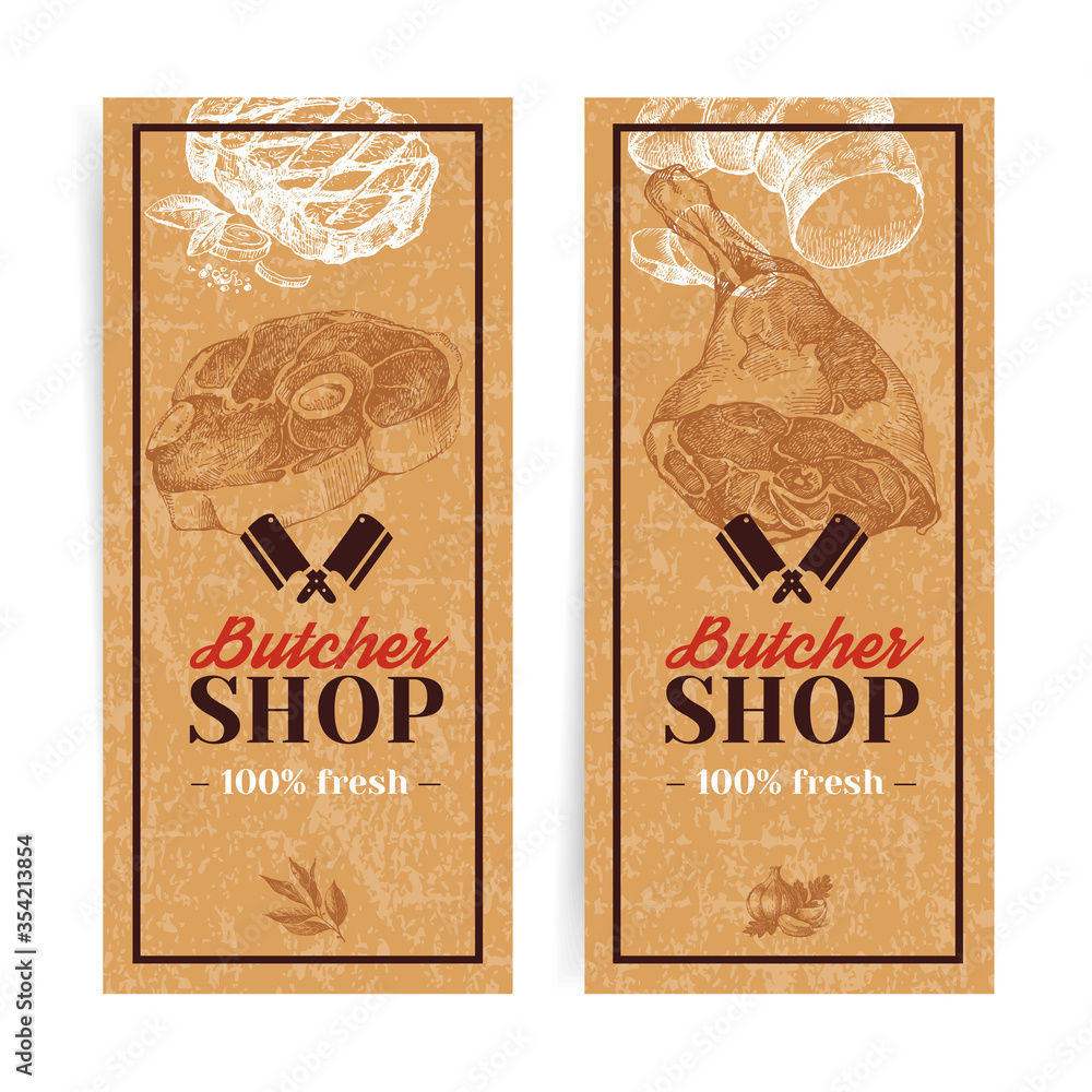 Hand drawn sketch meat product banner set. Vector vintage butcher shop ...