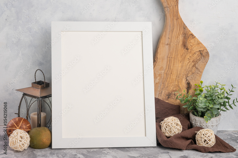 Kitchen background with empty white frame and accessories for design ...