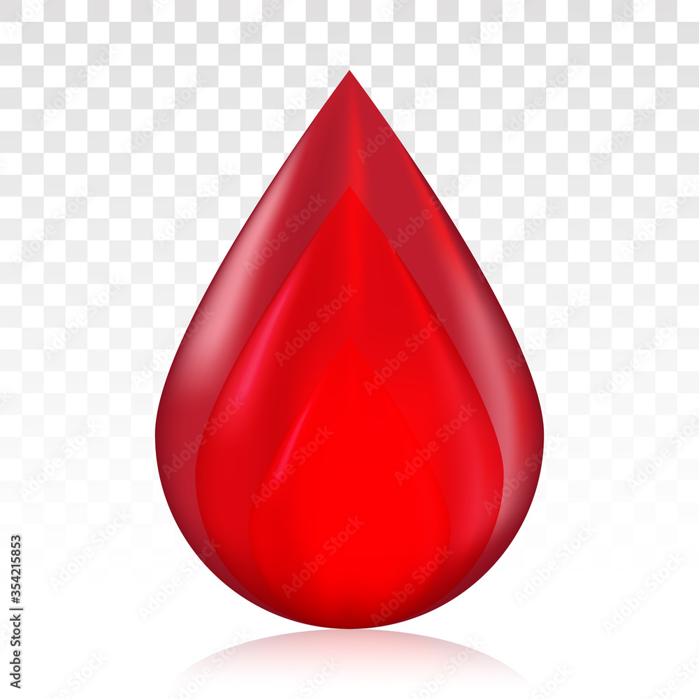 Red blood drop / droplet for medical blood donation on a transparent ...
