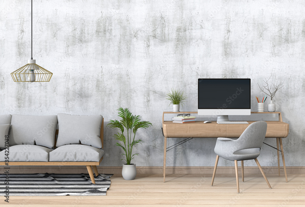 3D rendering of interior modern living room workspace with sofa, desk ...