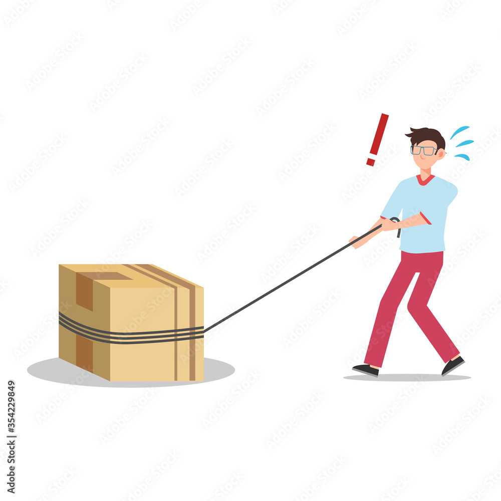 Cartoon character illustration of young man courier delivery pulling ...