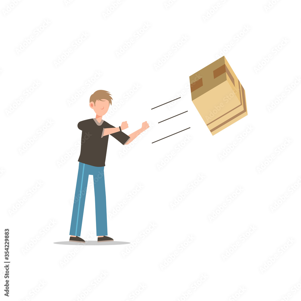 Cartoon character illustration of young man courier delivery throwing ...