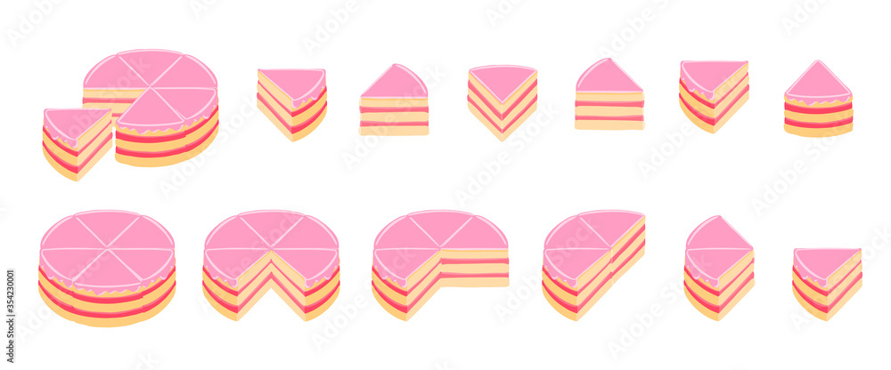Pieces of pink cake infographics. The whole cake and its parts. Jam ...
