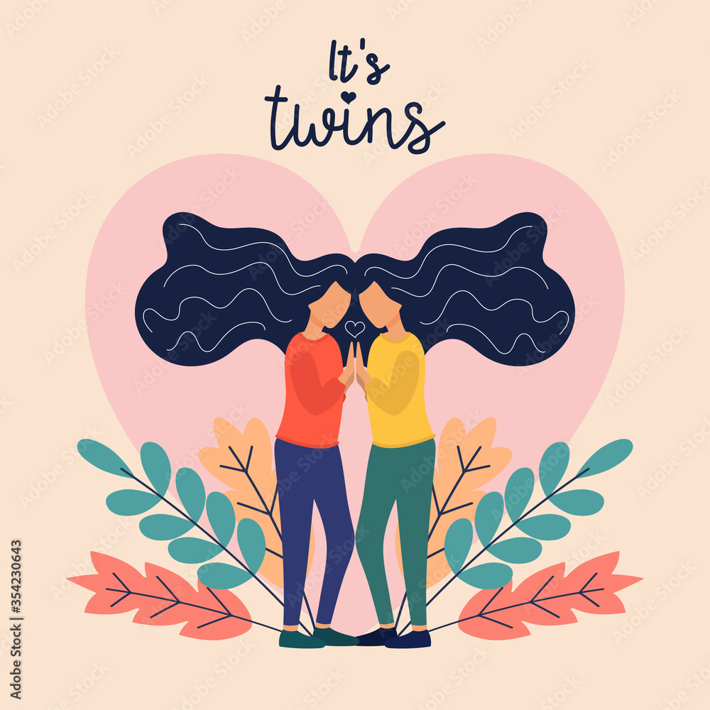 Two Sisters. flat vector illustrations of two happy twins loving and ...