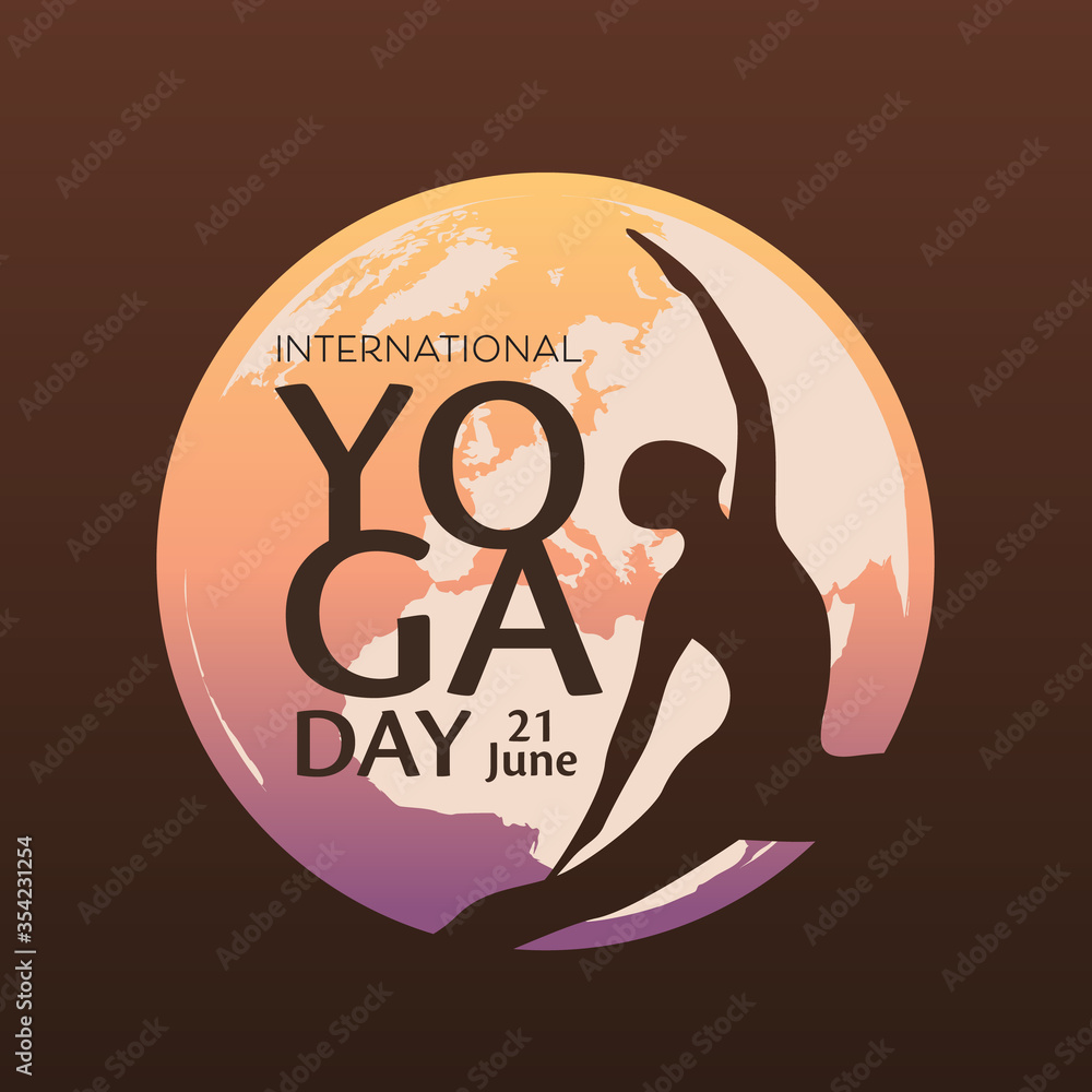 21 june-international yoga, human silhouette and sun rays, vector ...