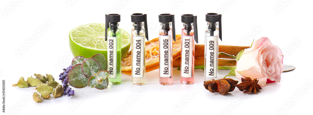 Perfume samples on white background Stock Photo | Adobe Stock