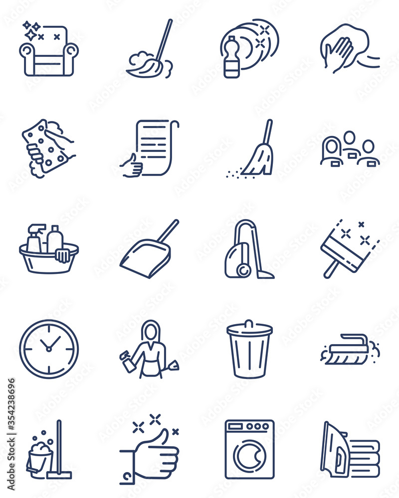 Cleaning service thin line icons set. Outline pictograms of mop, broom ...