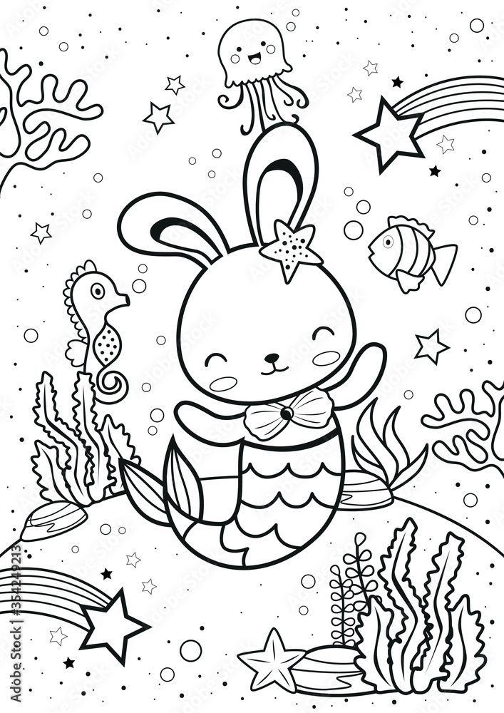 Bunny mermaid with friends coloring page. Kids coloring book. Worksheet ...