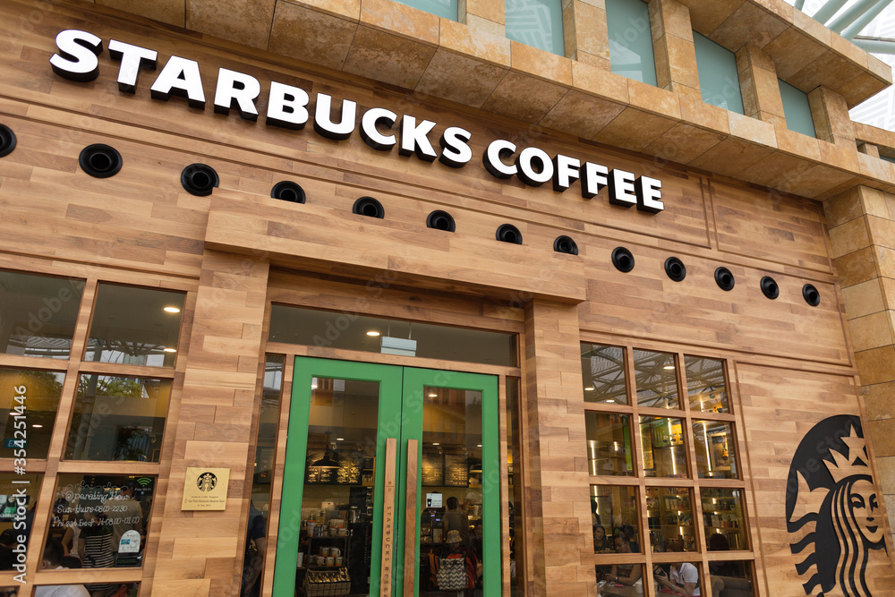 Starbucks coffee shop at Sentosa Island. Starbucks is the world's ...