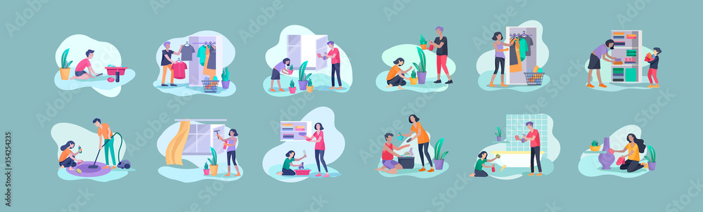 Scenes with family doing housework, kids helping parents with home ...